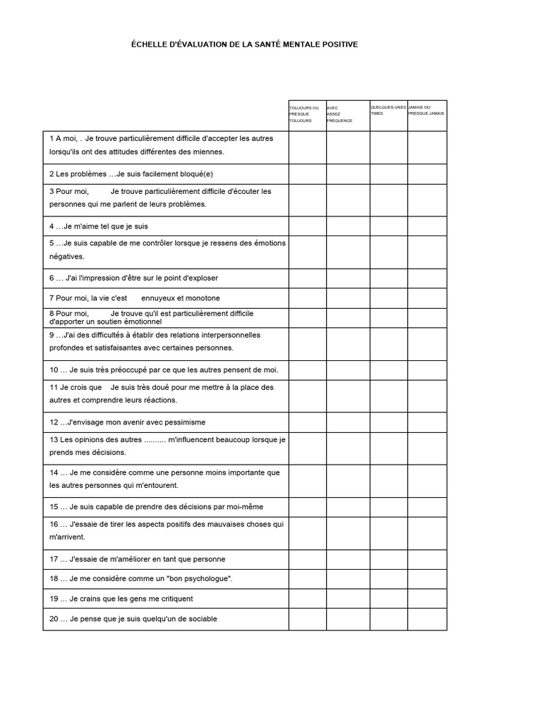 Échelle Pour Évaluer La Santé Mentale Positive | PDF