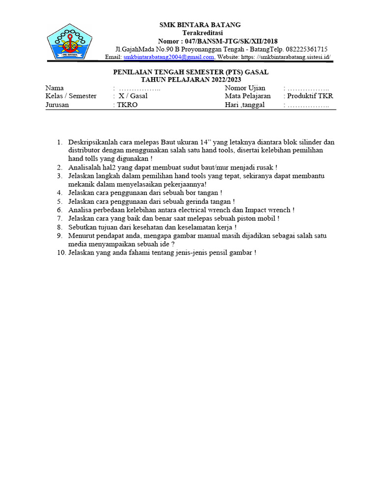 Soal PTS TKR | PDF | Teknologi & Rekayasa