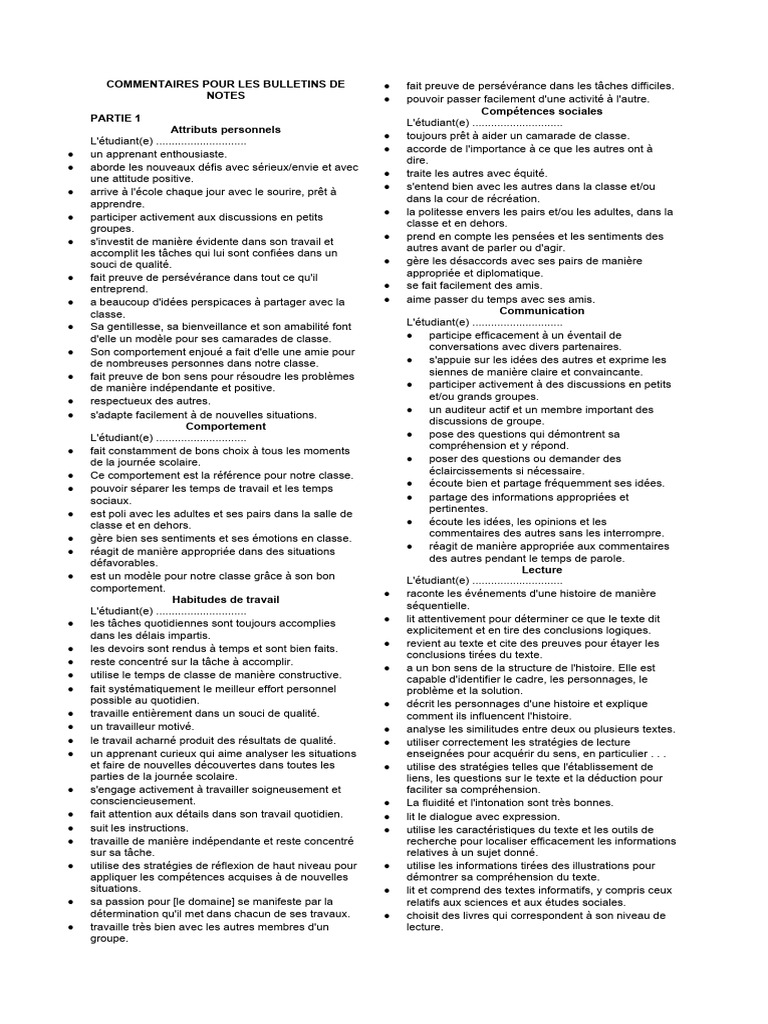 Commentaires Sur Les Bulletins Scolaires | PDF