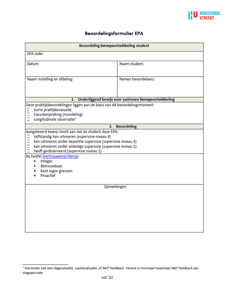 Beoordelingsformulier EPA, Versie Juli 2022 | PDF