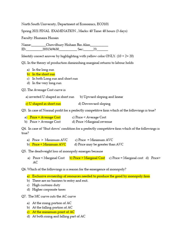 ECO101 FINAL Q PAPER Answers | PDF | Teaching Methods & Materials