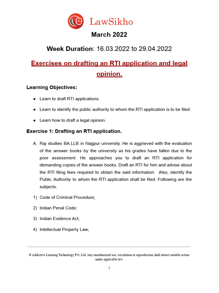 Exercise 1 - Drafting An RTI Application and Legal Opinion | PDF ...