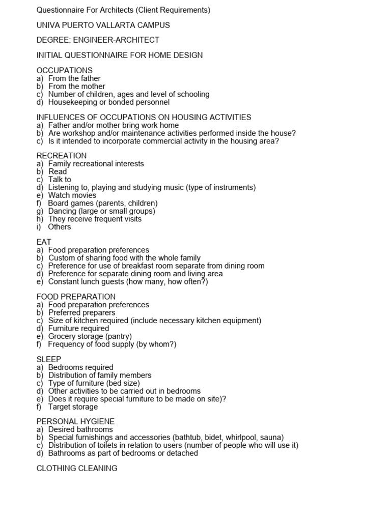 Architect Client Questionnaire Guide | PDF | Home & Garden