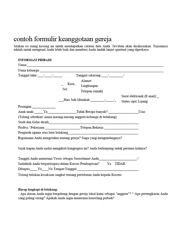 Contoh Formulir Keanggotaan Gereja | PDF