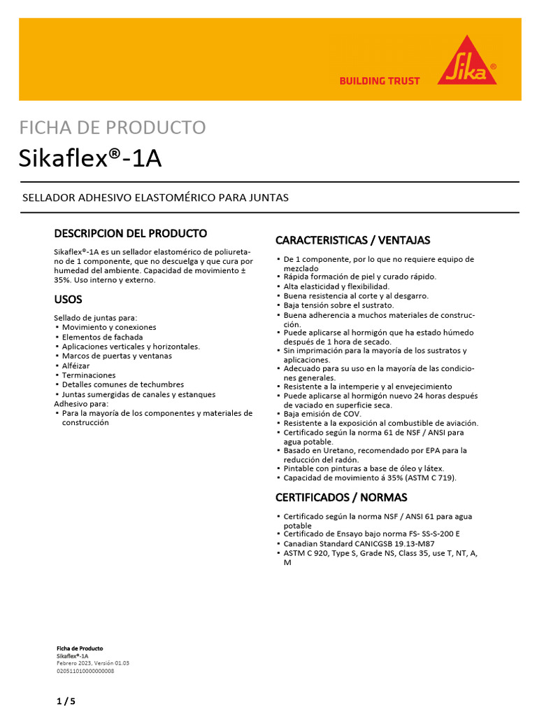 Ficha Tecnica Sikaflex-1a (Sello) | PDF