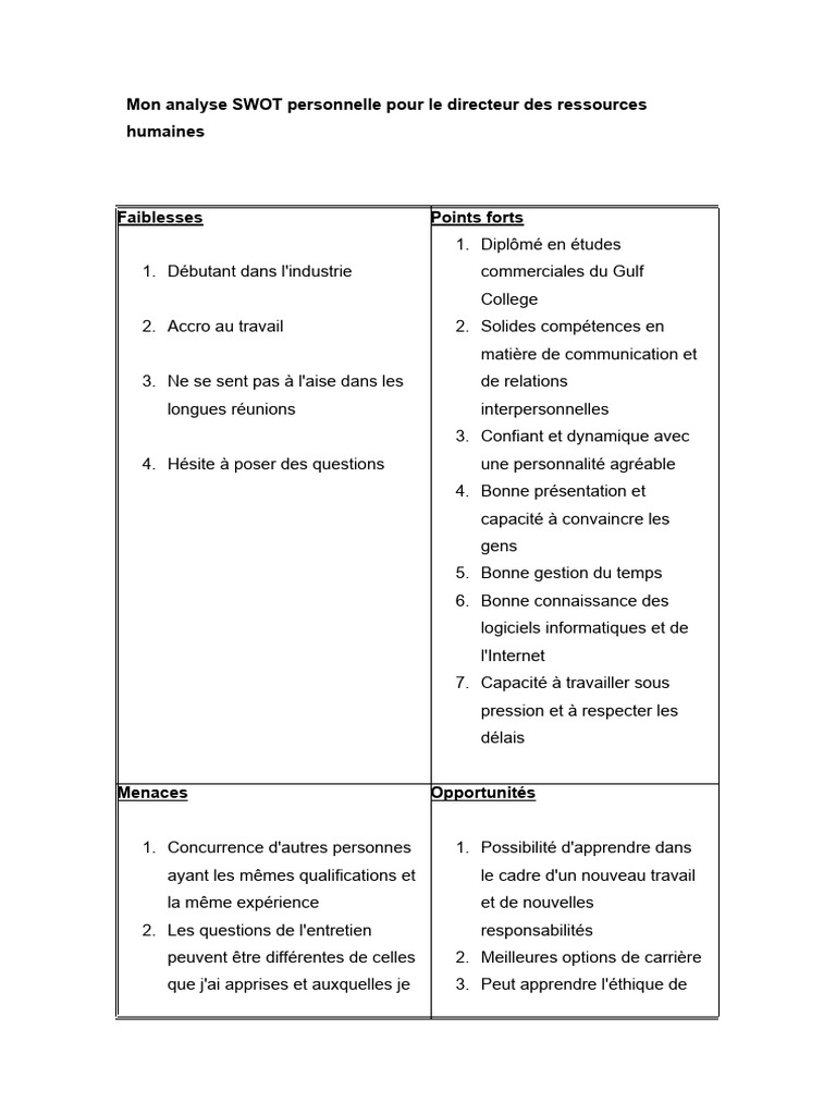 Analyse SWOT RH : Forces et Faiblesses | PDF | Analyse SWOT | Business