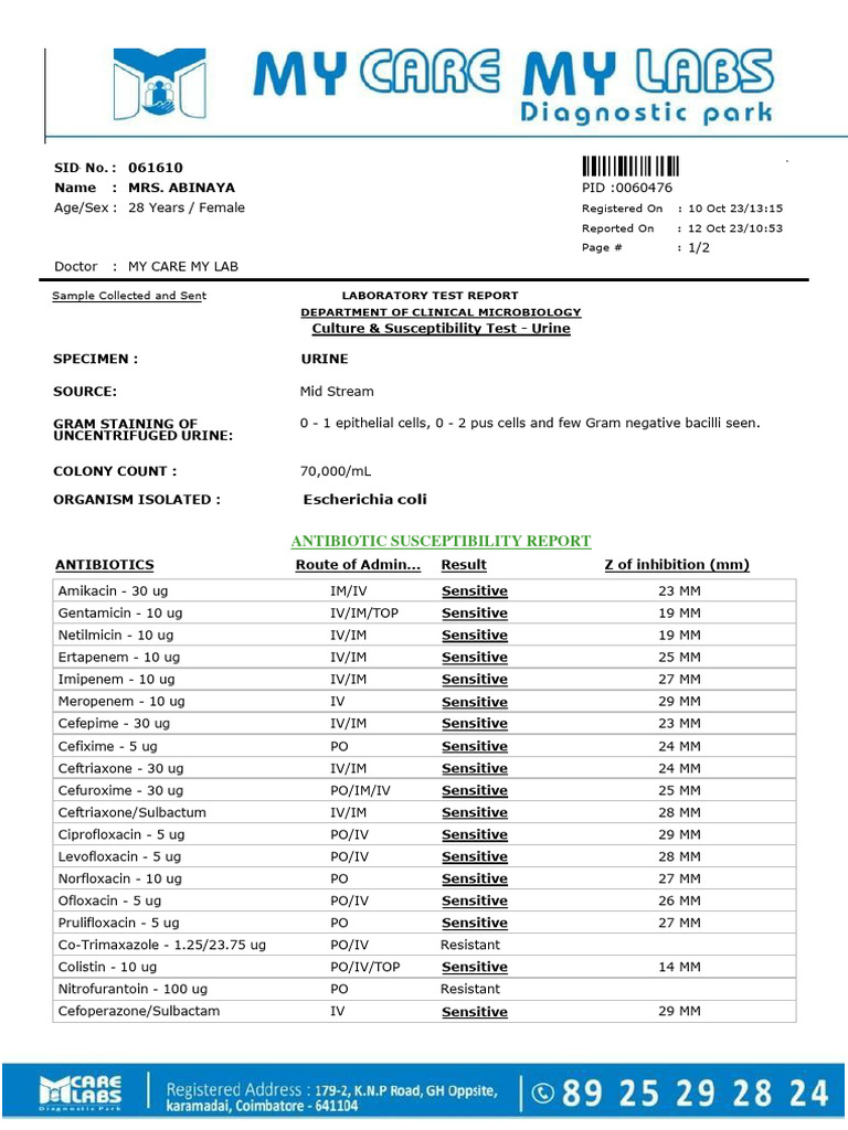 Antibiotic Susceptibility Report: Registered On: 10 Oct 23/13:15 ...