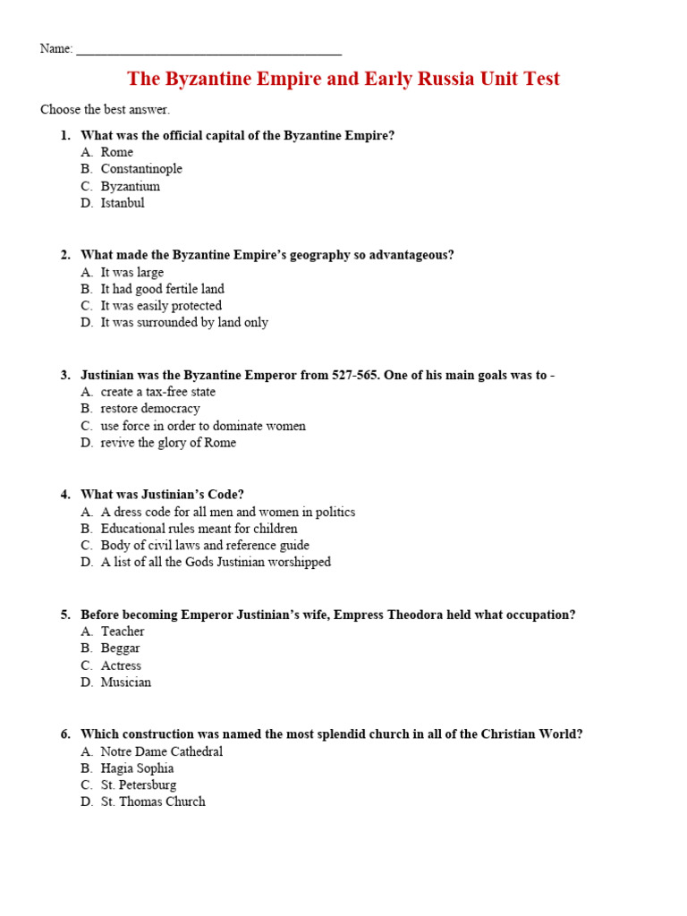 Byzantine Empire Unit Test Answers | PDF | Byzantine Empire ...