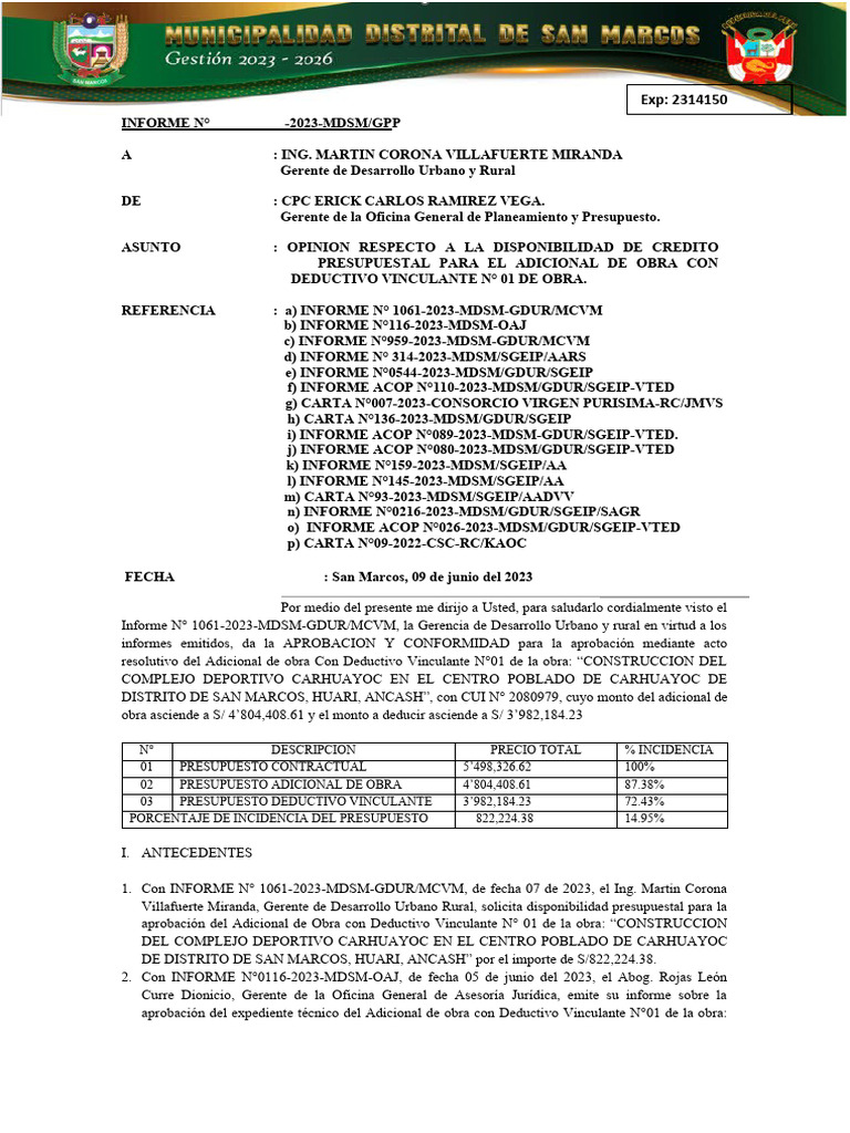 Informe de Adicional de Obra, Vincyulante Deductivo Complejo Deportivo Carhuayoc 2080979 | PDF ...