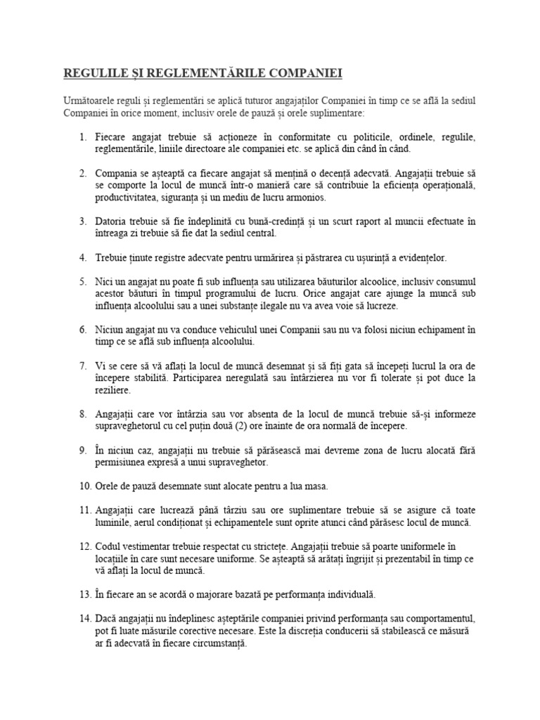 Reguli Și Regulamente Pentru Angajați | PDF