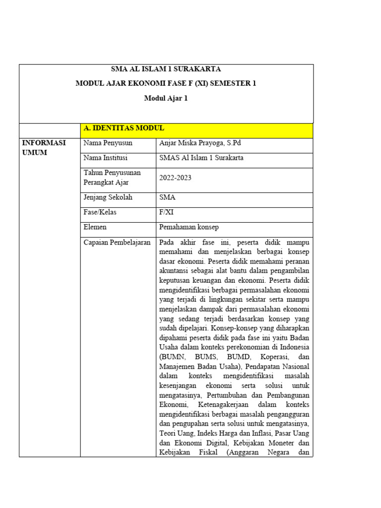 Ekonomi XI Modul Ajar 1 - 2324 | PDF