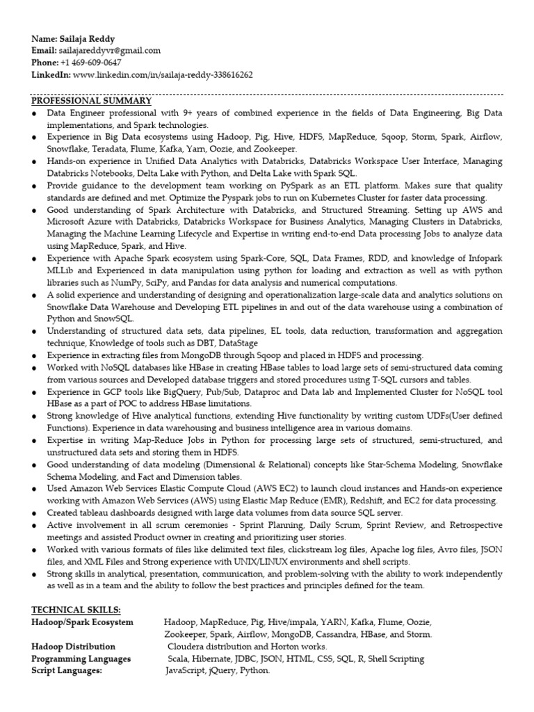 Dice Resume CV Sailaja Reddy | PDF | Apache Spark | Apache Hadoop