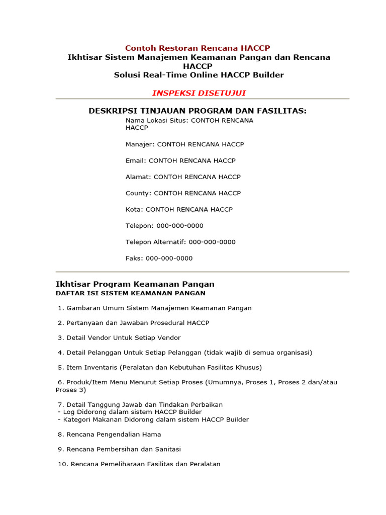 Contoh Rencana HACCP Restoran | PDF