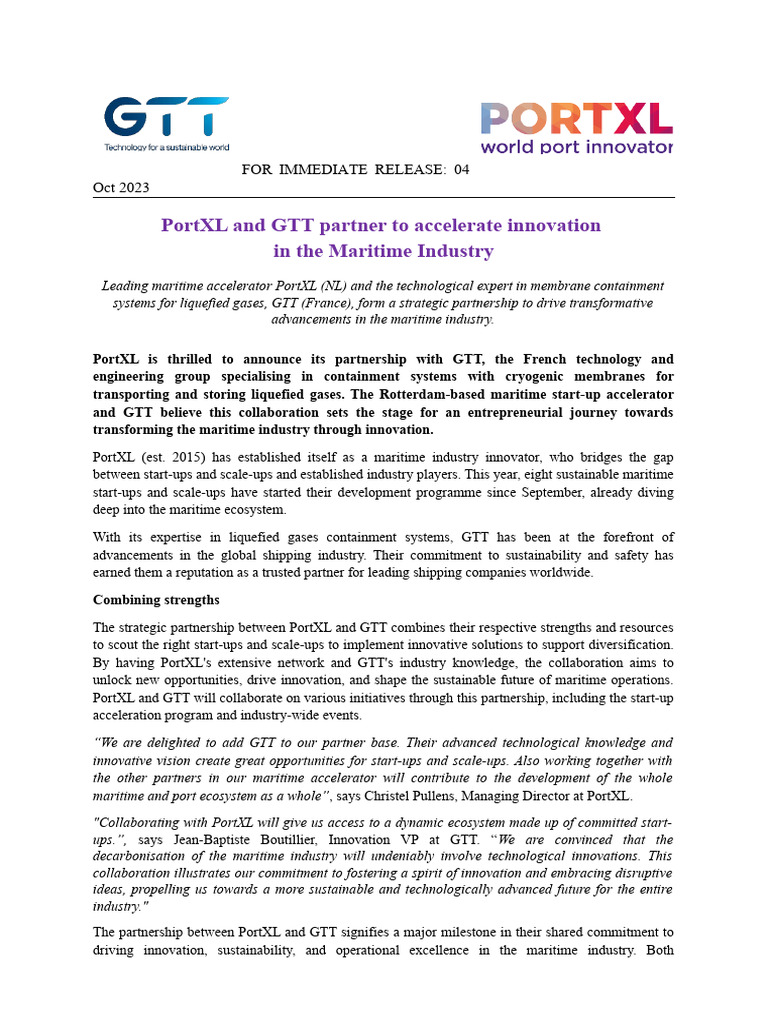 Press Release - GTT (France) New Partner of PortXL-World Port Innovator | PDF