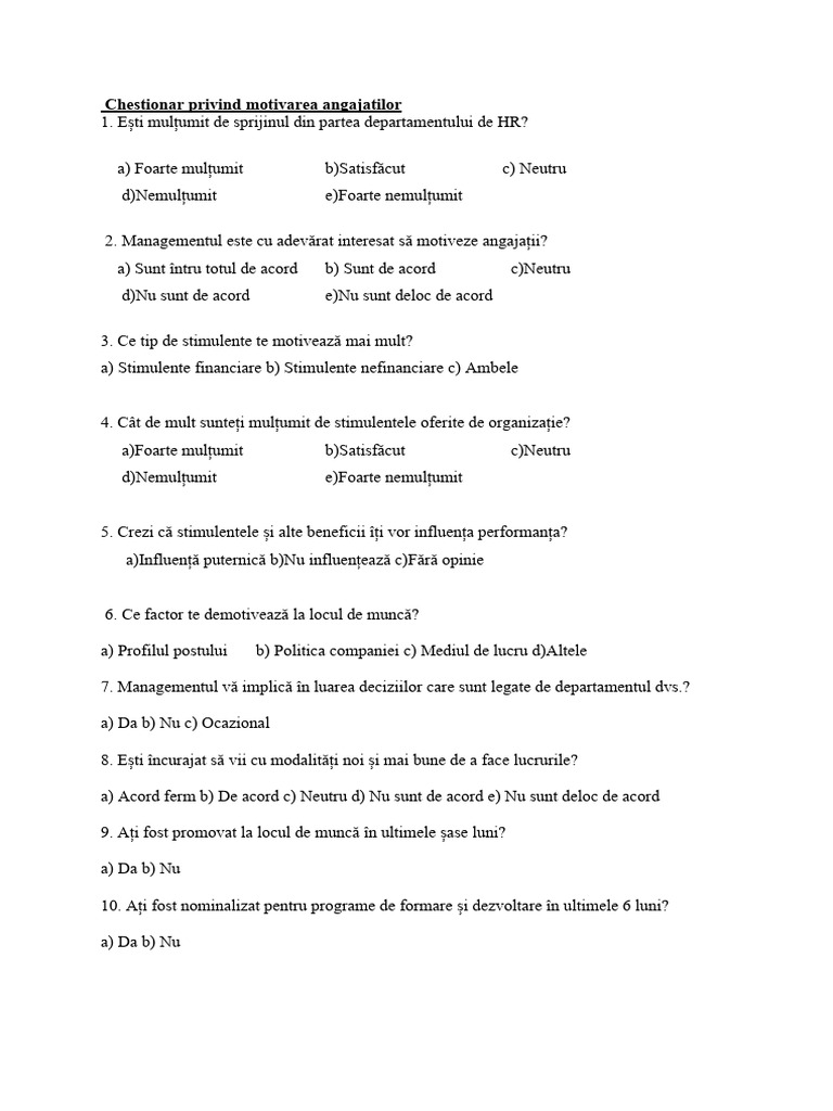 Chestionar Privind Motivația Angajaților | PDF