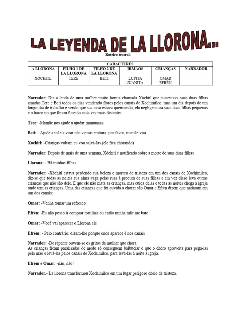Roteiro Teatral Lenda de La Llorona | PDF