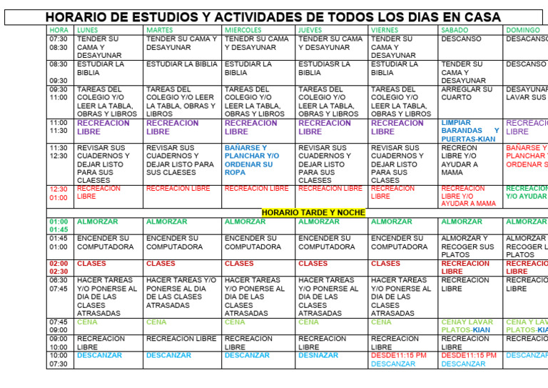 HORARIO DE ESTUDIOS Y ACTIVIDADES DE TODOS LOS DIAS EN CASA | PDF