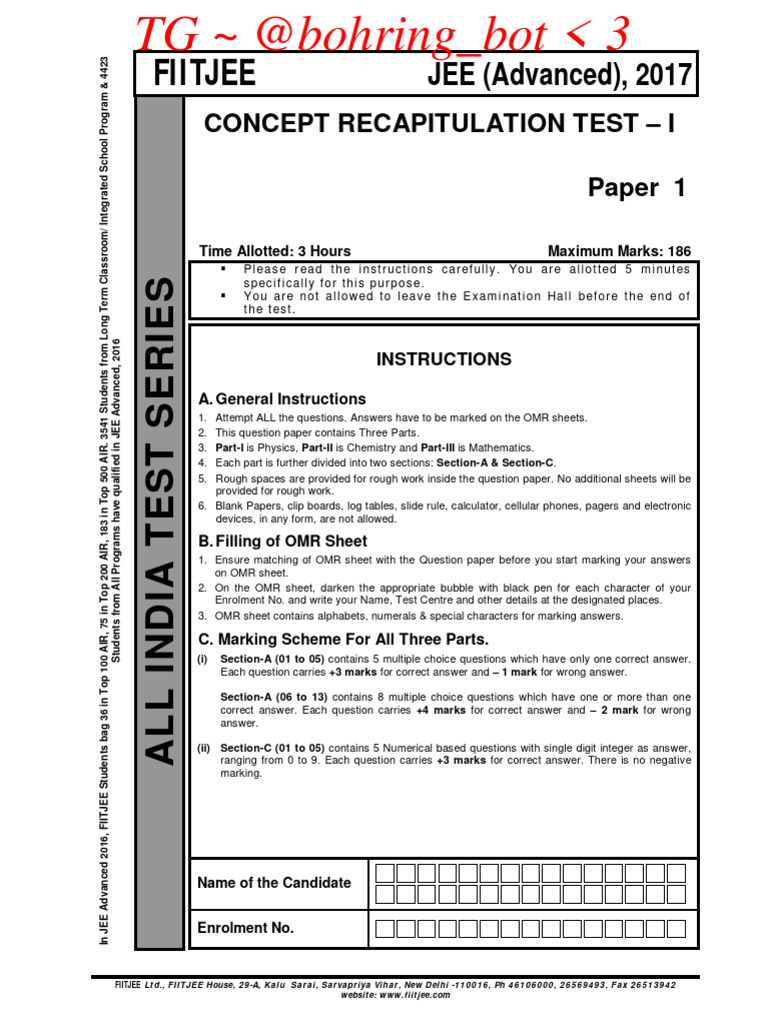 Fiitjee Aits 2017 Papers | PDF