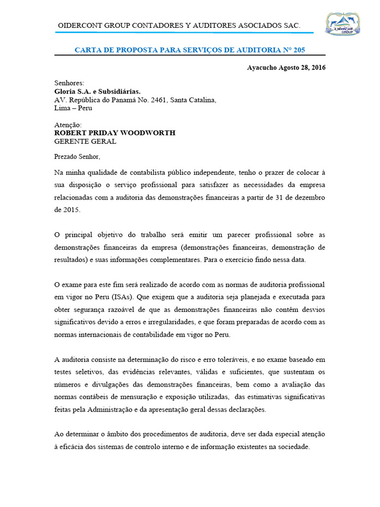 Carta Proposta para Serviços de Auditoria | PDF | Contabilidade ...