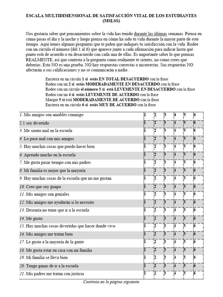Escala Multidimensional de Satisfacción Con La Vida de Los Estudiantes ...