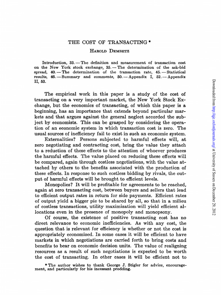 The Cost of Transactionion Harold Demsetz | PDF | Order (Exchange ...