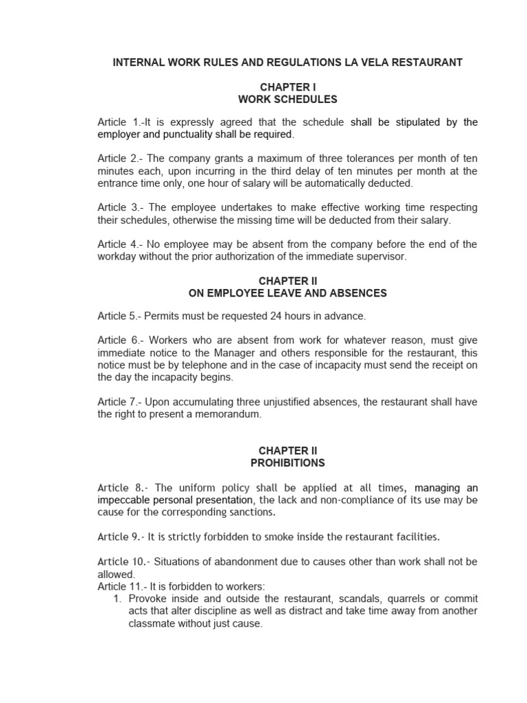 Internal Work Regulations at La Vela Restaurant | PDF