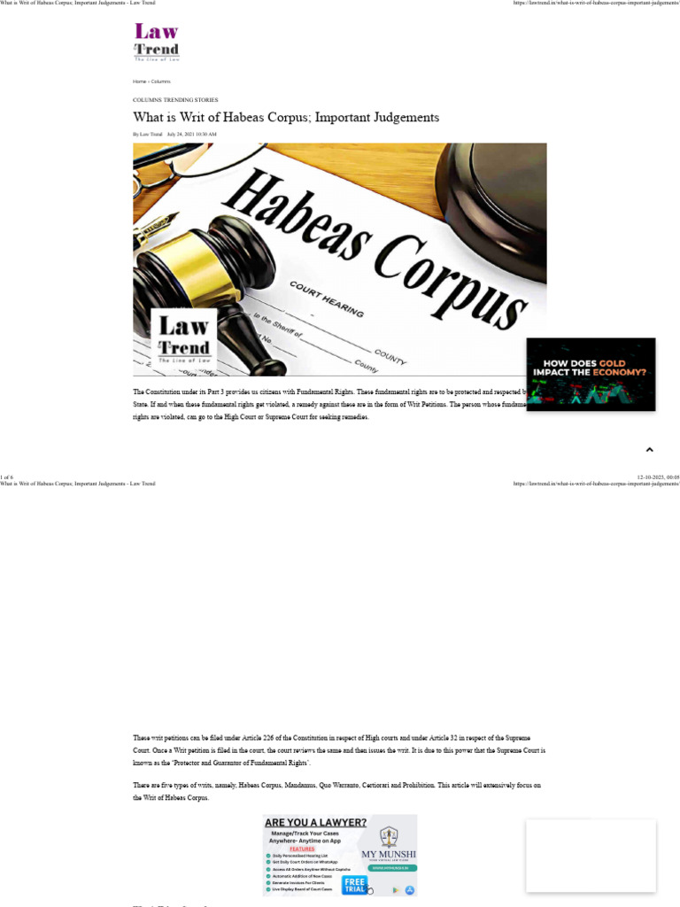 What Is Writ of Habeas Corpus Important Judgements - Law Trend | PDF