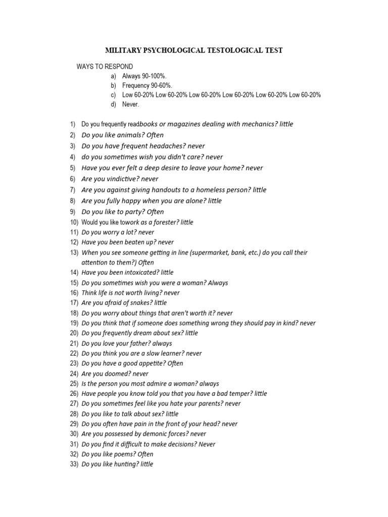 Military Psychological Test Responses | PDF | Cooking, Food & Wine ...