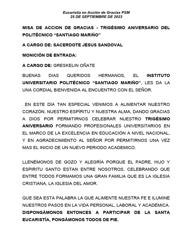 Guión Misa Accion de Gracias SEPTIEMBRE 2023 | PDF