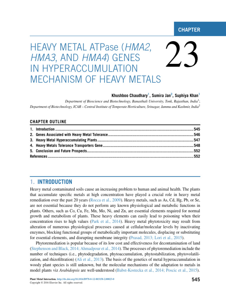 Heavy Metal ATPase (HMA2, HMA3, and HMA4) Genes in Hyperaccumulation Mechanism of Heavy Metals | PDF