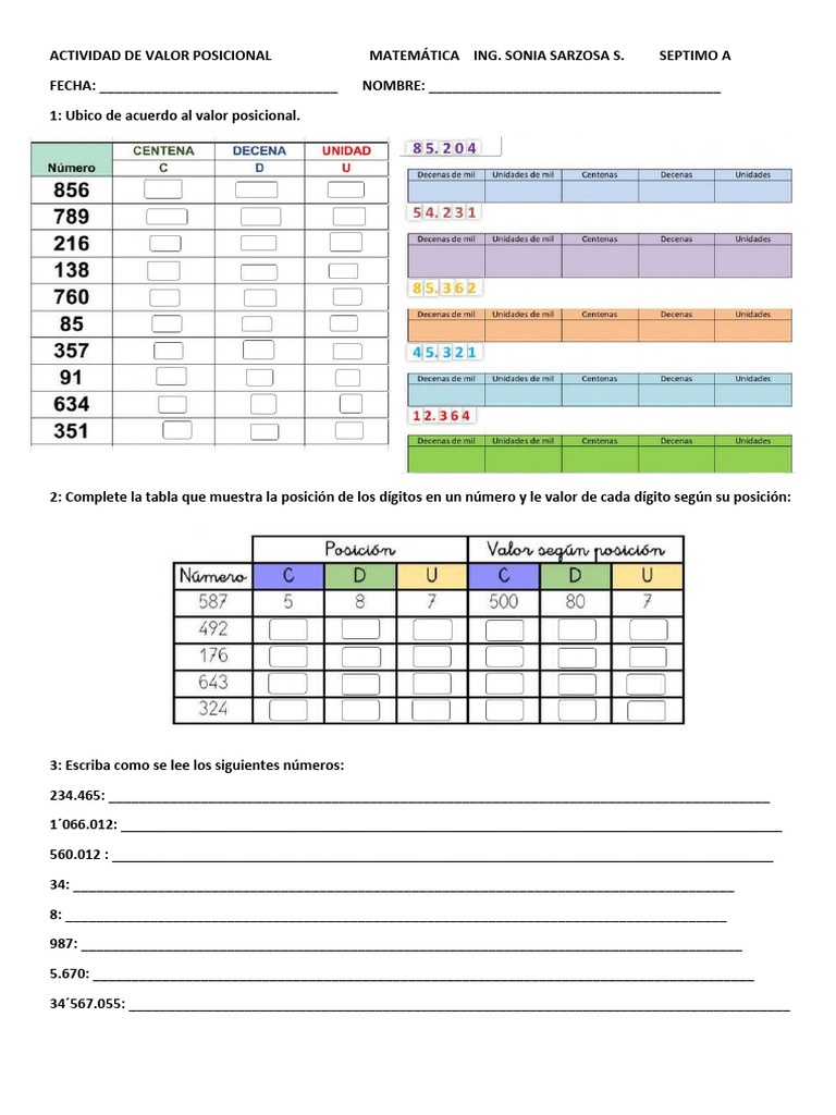 Actividad de Valor Posicional | PDF