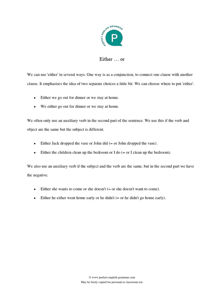 Using "Either...Or" in Sentences | PDF | Verb | Subject (Grammar)