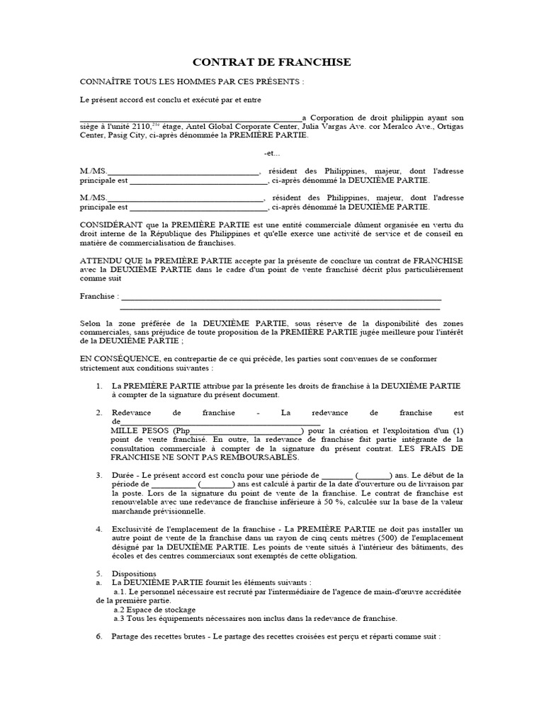 Contrat de Franchise Obligatoire | PDF | Franchise (réseau commercial ...