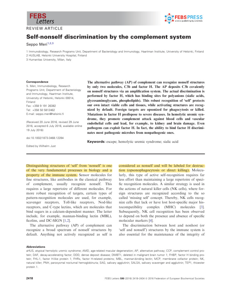 Complement System & Self-Nonself Recognition | PDF