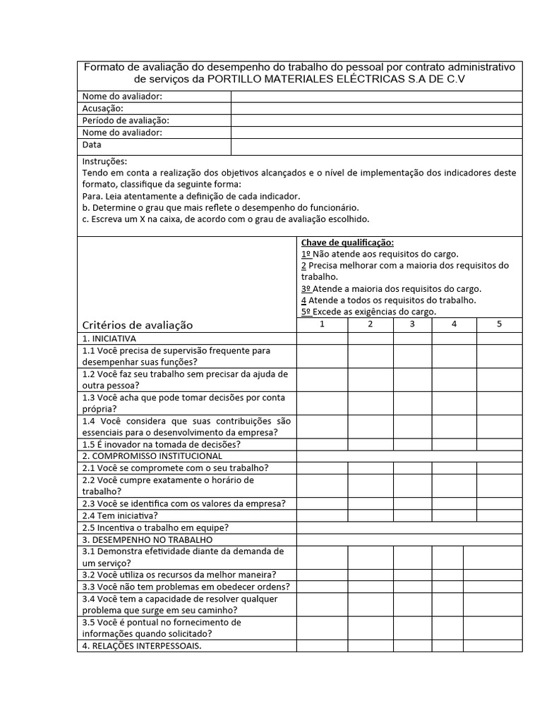 Formato de Avaliação de Desempenho No Trabalho | Download grátis PDF ...