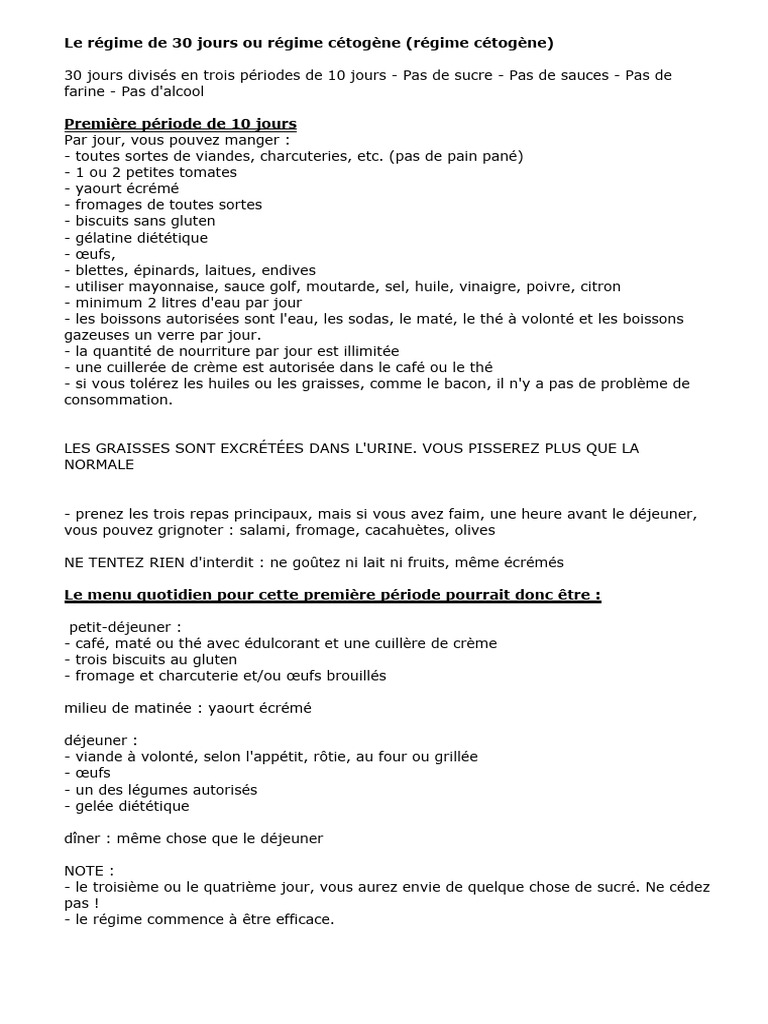 Le Régime Cétogène Ou Régime 30 Jours | PDF