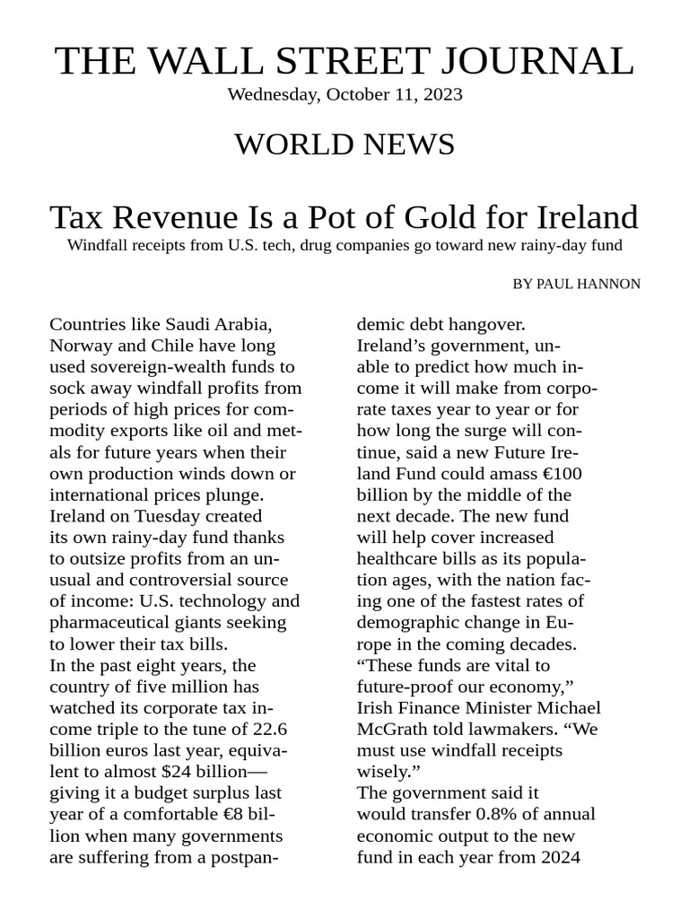 Tax Revenue Is A Pot of Gold For Ireland by Paul Hannon | PDF | Taxes ...