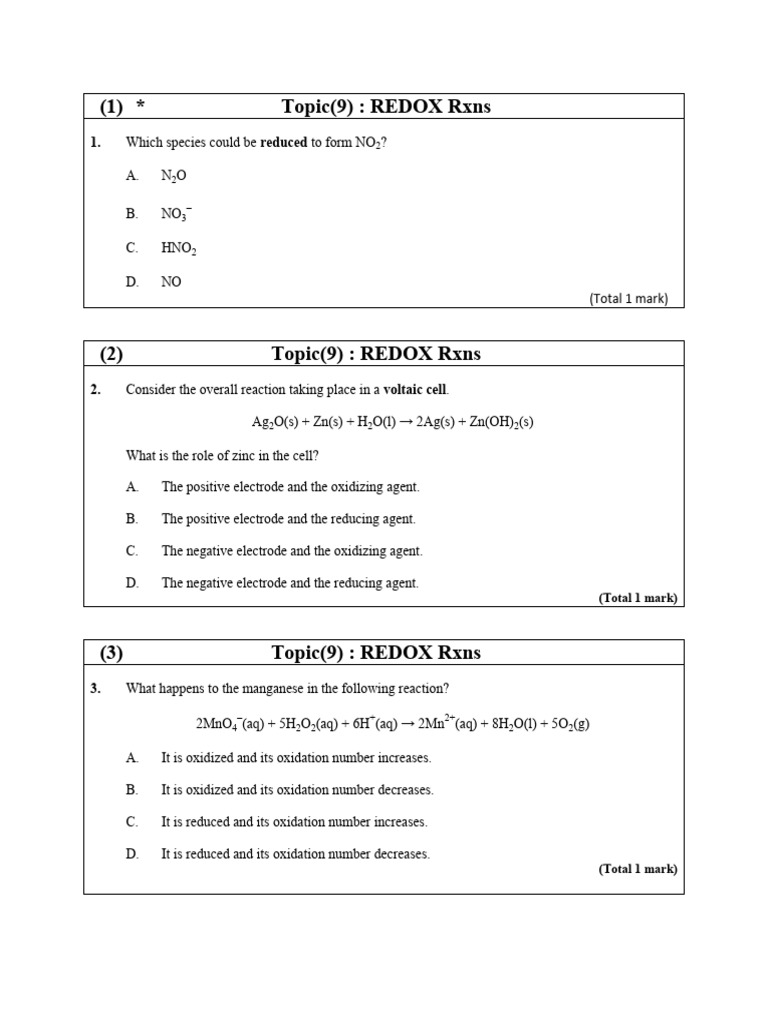 IB SL Topic (9) REDOX Rxns Review Questions | PDF | Redox | Unit Processes