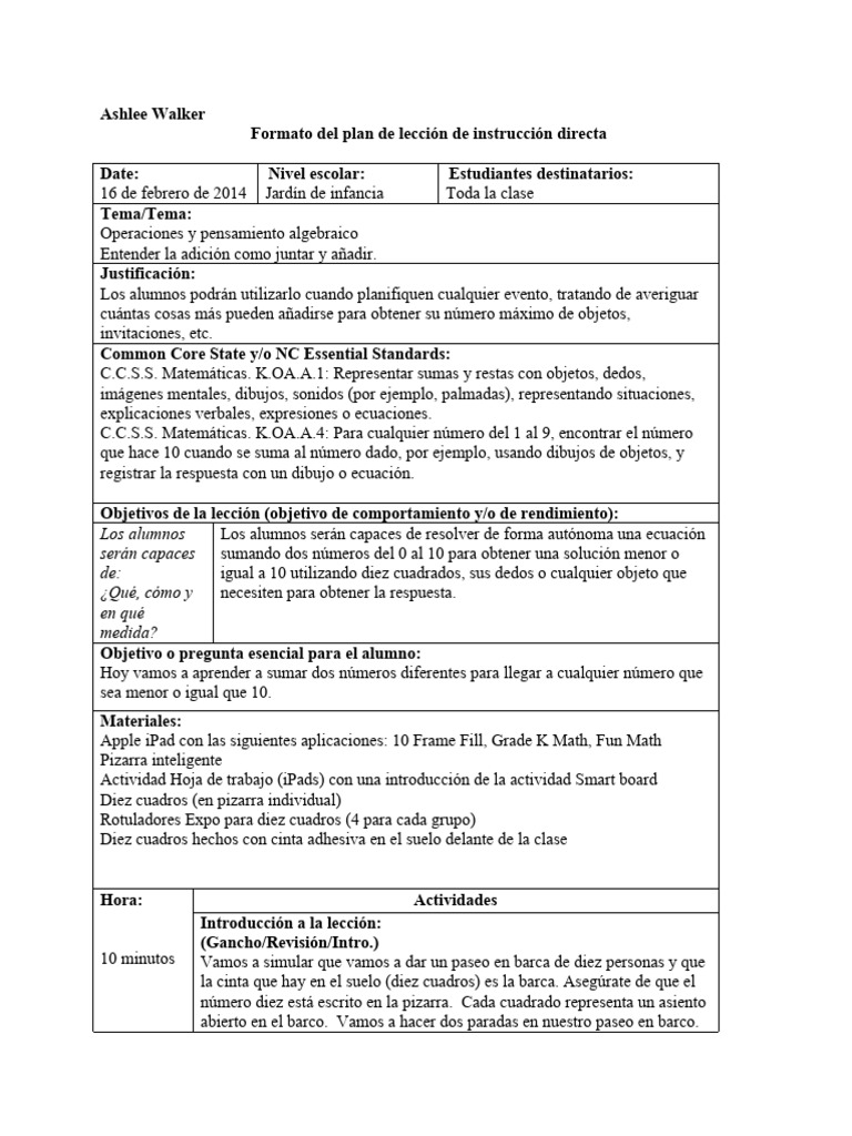 Plan de Lección de Matemáticas para Jardín de Infantes | PDF ...