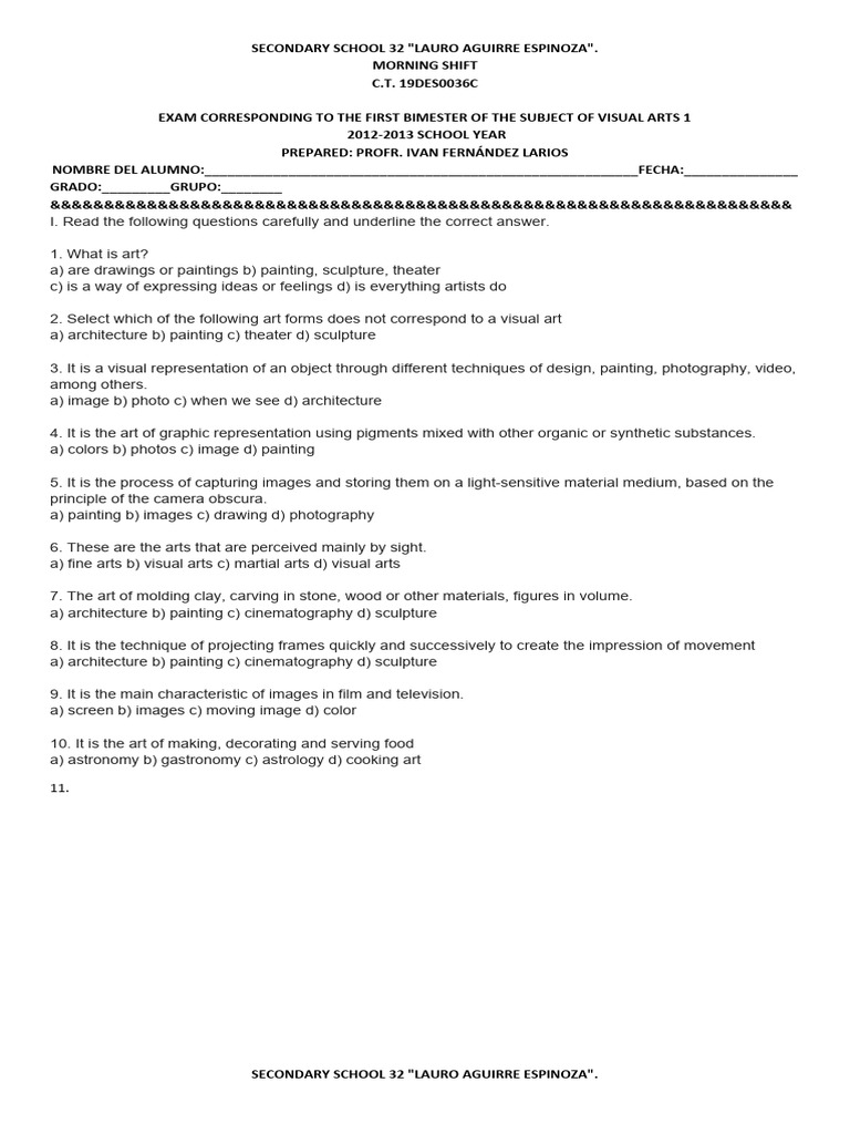 First Bimester Exam Visual Arts 1 | PDF | Image | Shape