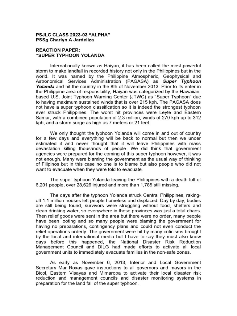 Reaction Paper Super Typhoon Yolanda | PDF | Tropical Cyclone Seasons ...