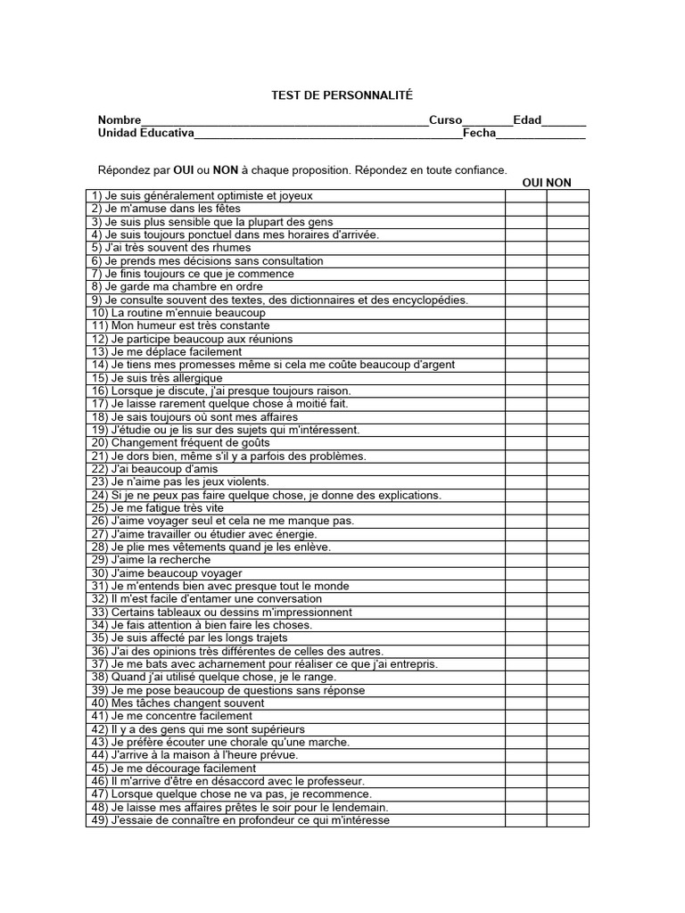 Test de Personnalité Étudiant | PDF | Développement personnel