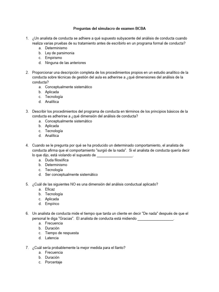 Preguntas Del Examen Simulado de BCBA | PDF | Comportamiento | Reforzamiento