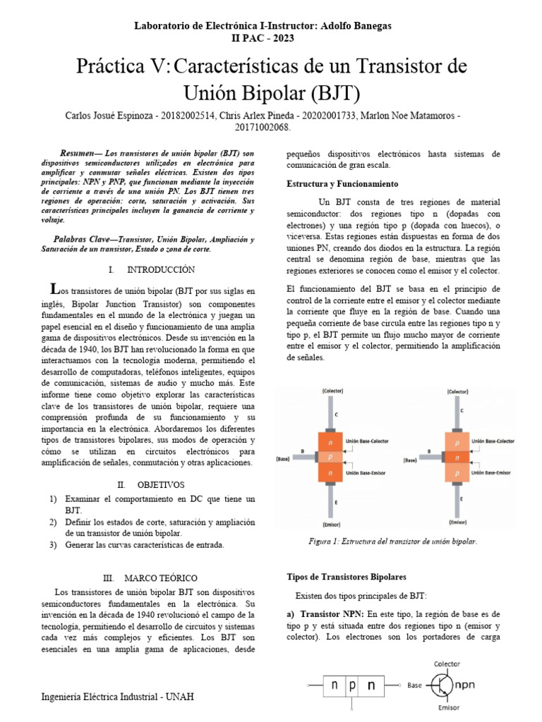 Practica V-Electronica I-Caracteristicas de Un BJT | PDF | Transistor de unión bipolar | Transistor