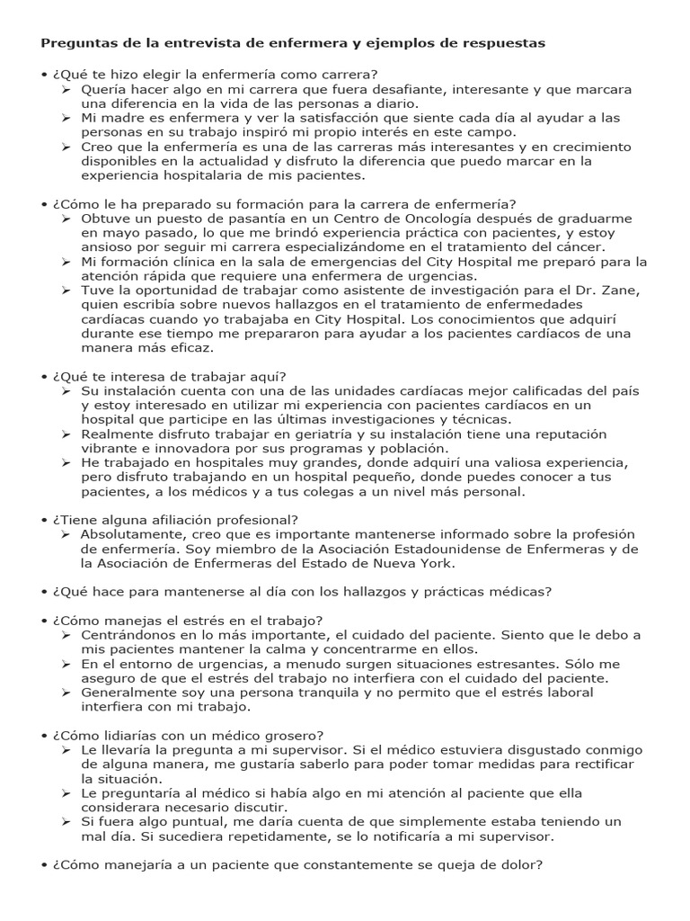 Preguntas de La Entrevista de Enfermera y Ejemplos de Respuestas | PDF ...