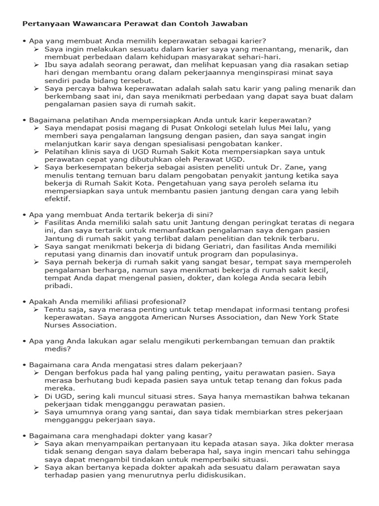 Pertanyaan Wawancara Perawat Dan Contoh Jawaban | PDF