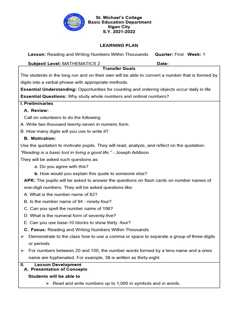 Reading and Writing Numbers to 1000 | PDF | Cognition | Learning