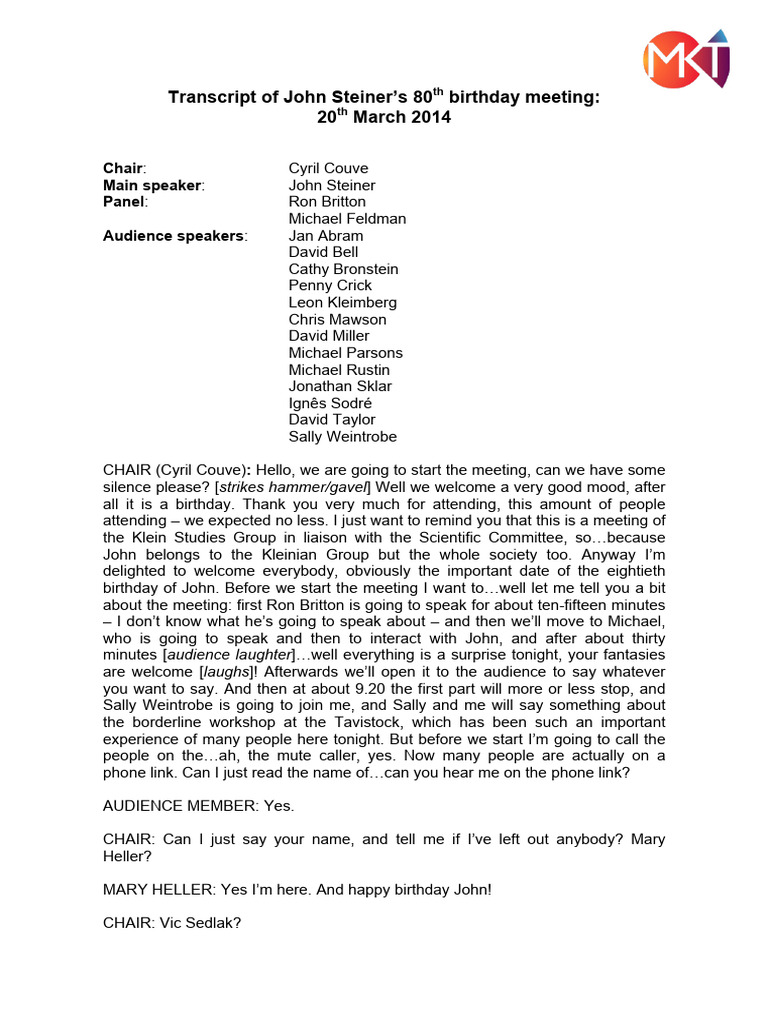 John Steiner Birthday Meeting Audio Transcript-1 | PDF | Psychoanalysis ...