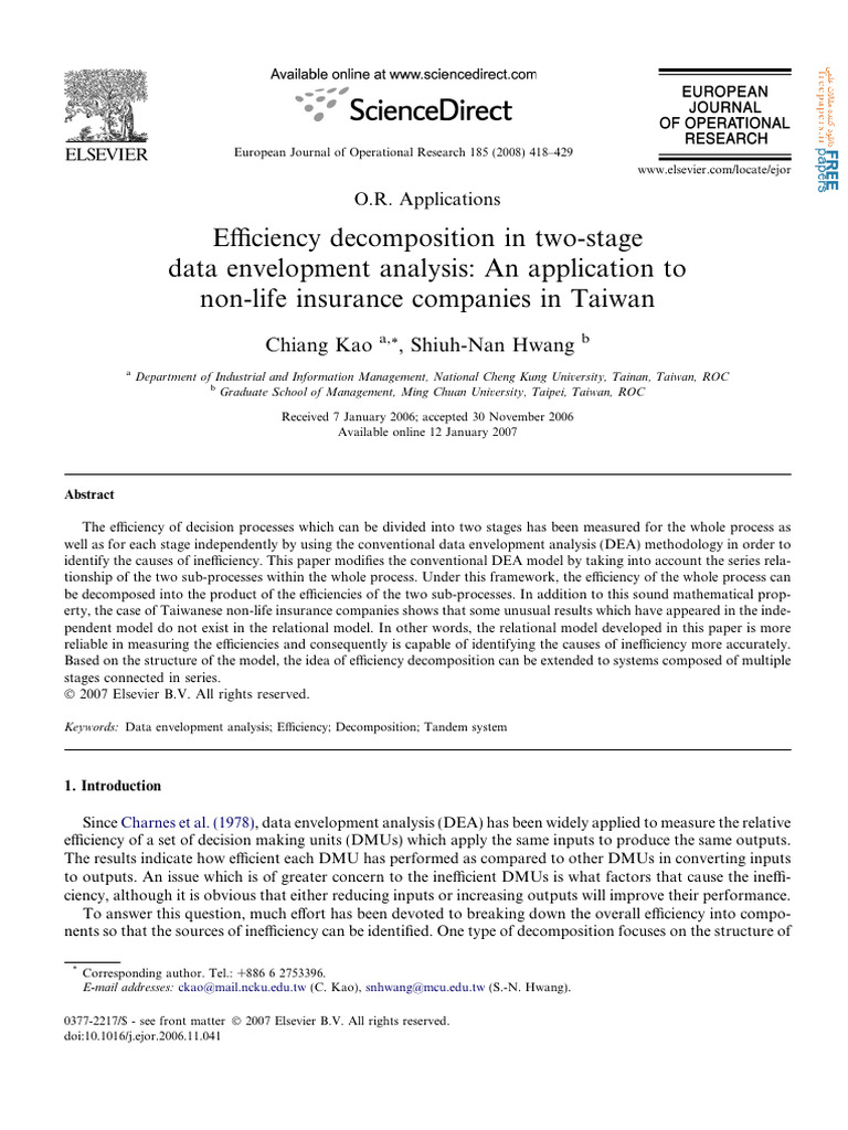 Efficiency Decomposition in Two-Stage Data Envelopment Analysis An ...