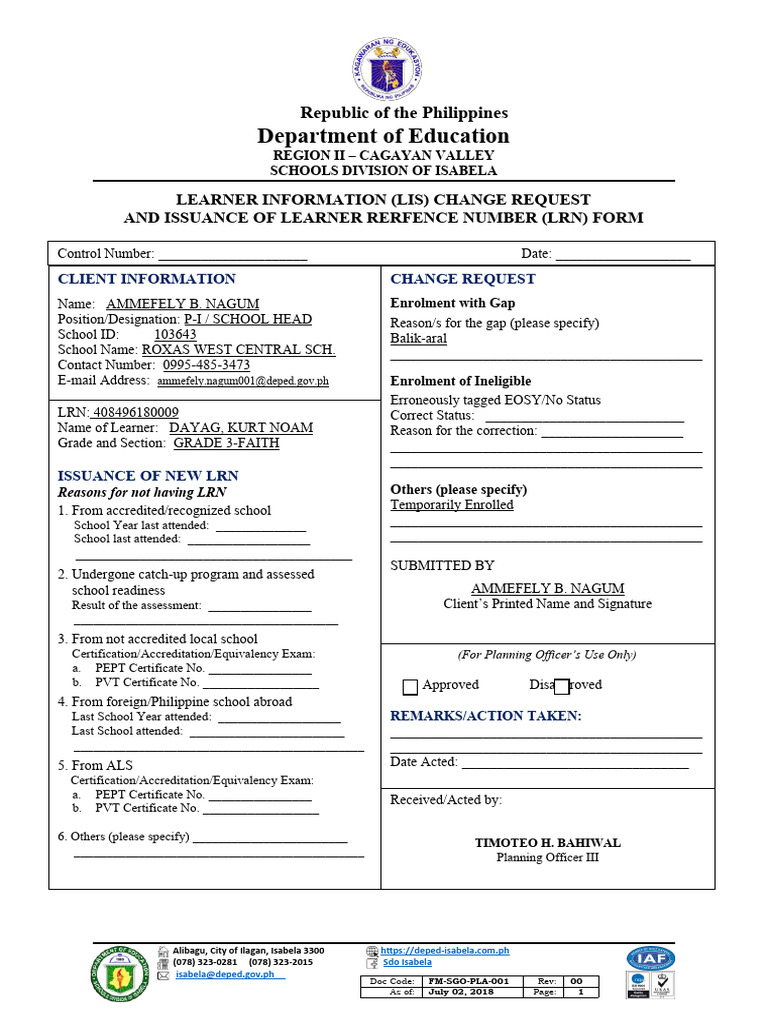 FM SGO PLA 001 LIS Change Request and Issuance of LRN Form 1 | PDF ...